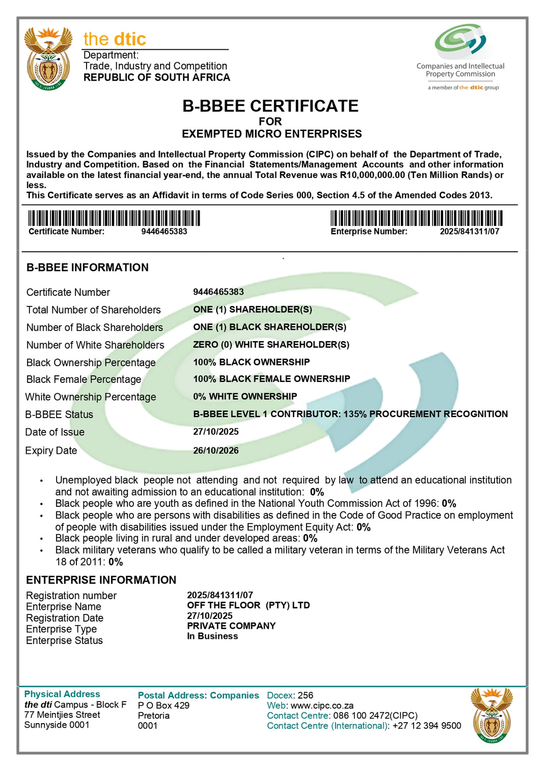 B-BBEE Certificate – Off The Floor